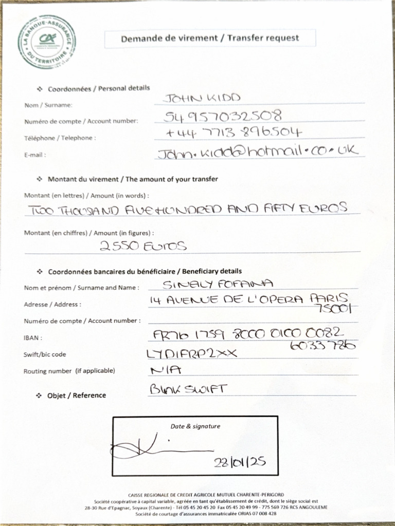 Demande de Virement Transfer Request | PDF