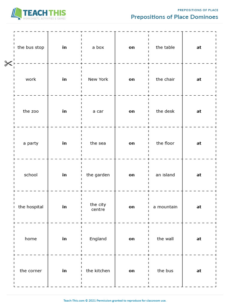 Prepositions of Place Dominoes | PDF