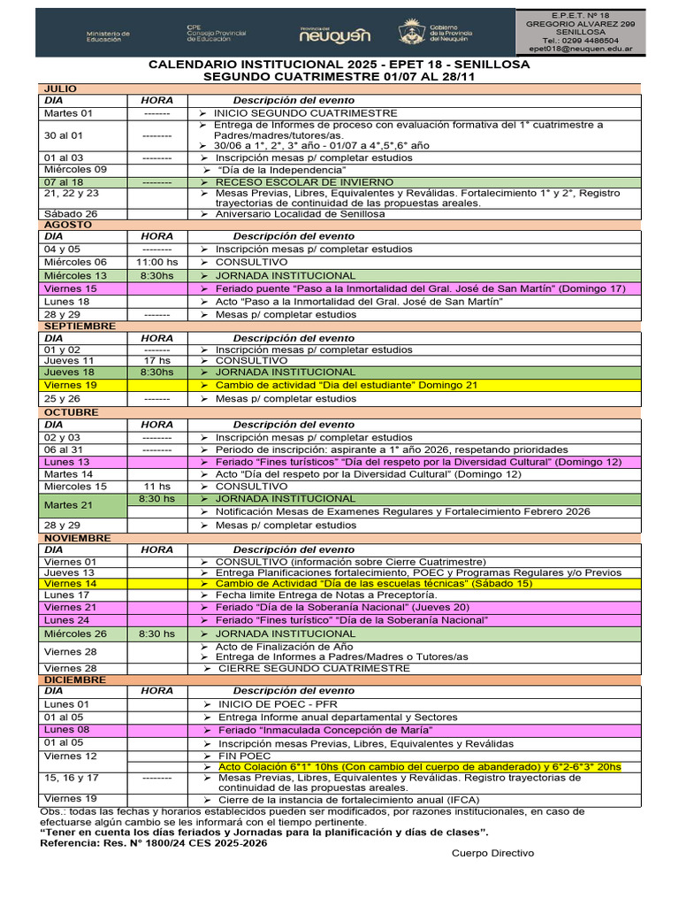 Calendario Institucional 2do Cuatri. 2025 | PDF