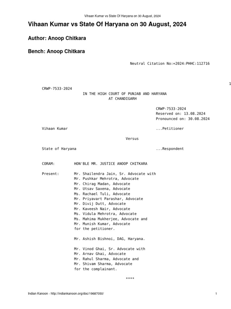 Vihaan Kumar Vs State of Haryana On 30 August 2024 | PDF | Arrest | Justice