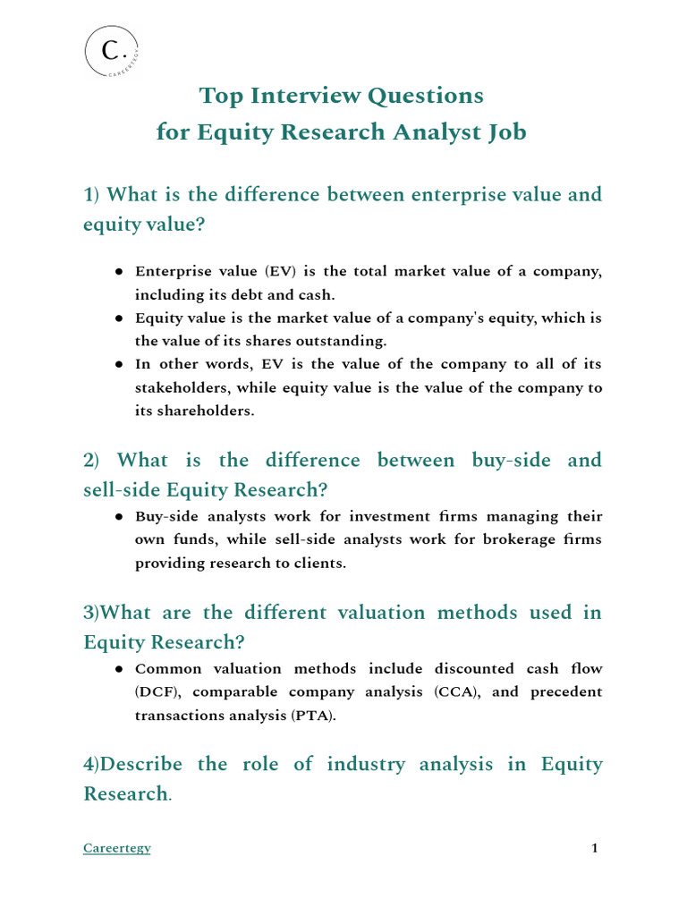 Equity Research Analyst Job Interview Questions | PDF | Beta (Finance) | Valuation (Finance)