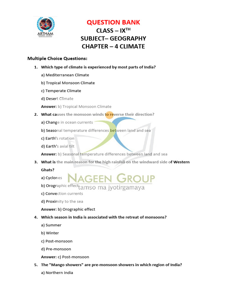 Class Ix Geography Question Bank Chapter - 4 Climate | PDF | Monsoon | Rain