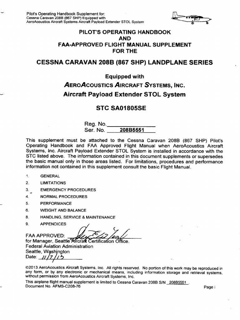 Poh & Afm Cessna Caravan 208b Equip Ape Stol System PK-SNV | PDF