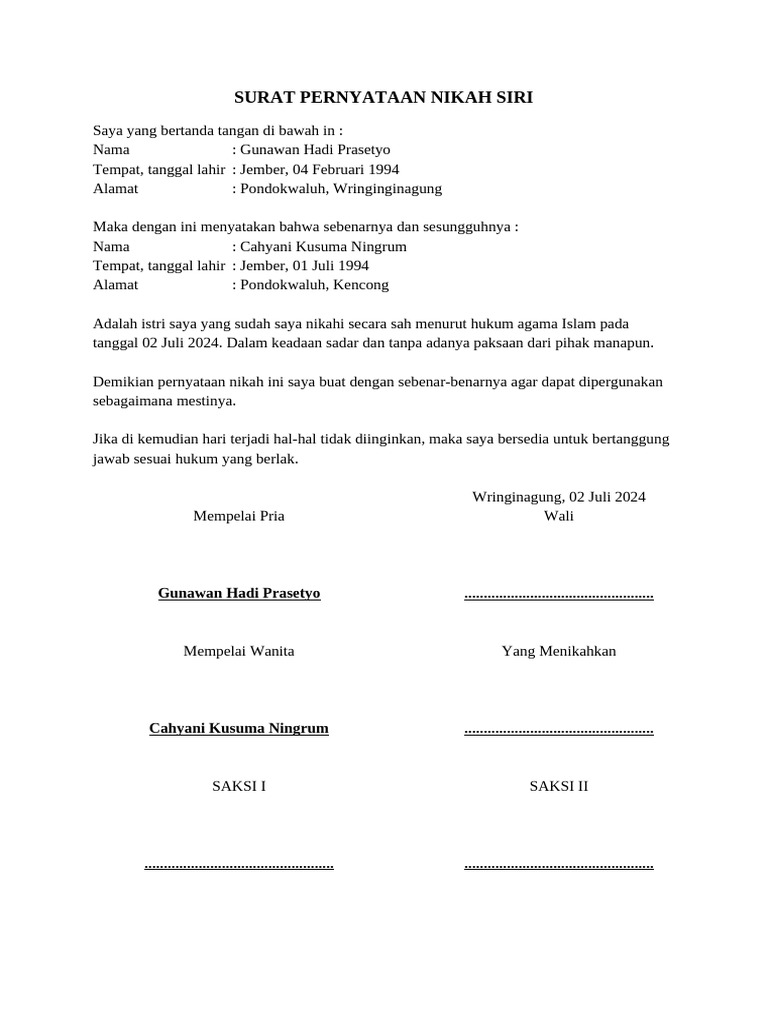 Surat Pernyataan Nikah Siri | PDF