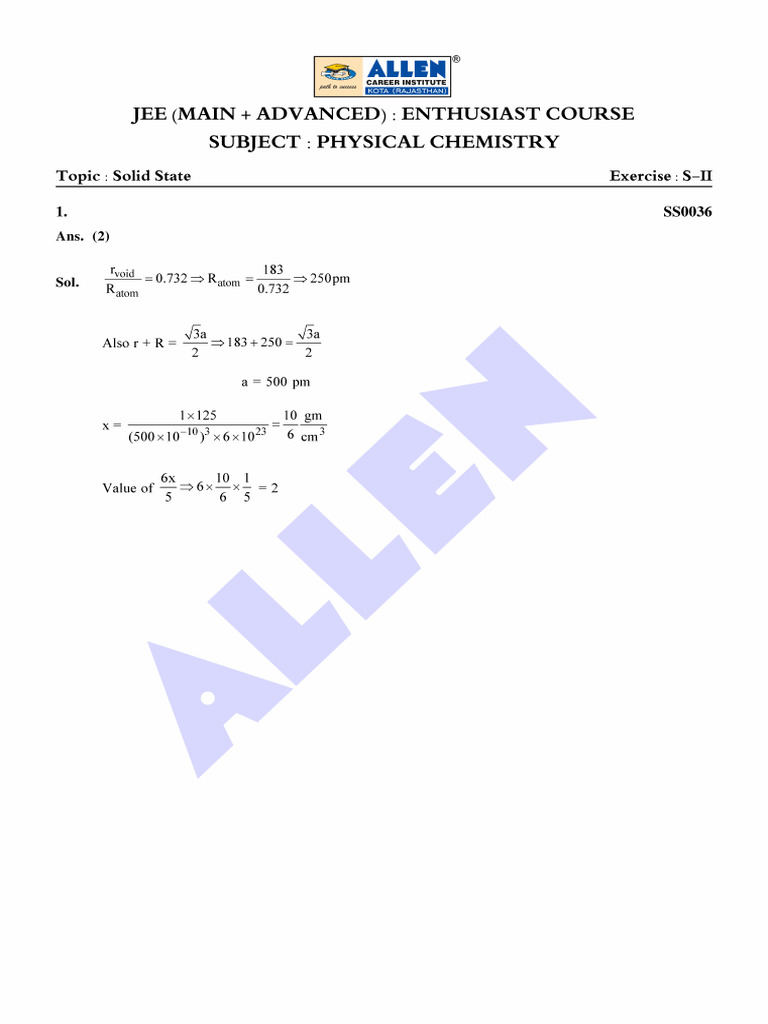 Physical Chemistry Solid State 02 Solid State Solution Ex S2 | PDF