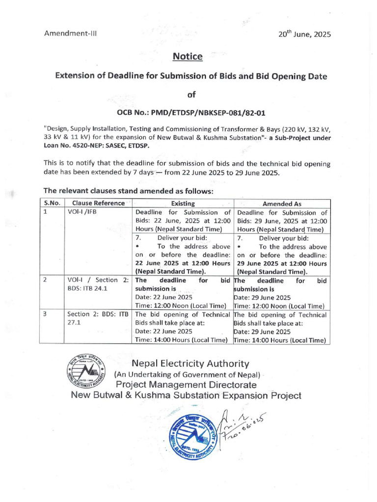 Notice For Extension of Deadline For Submission of Bids - Amendment-III ...