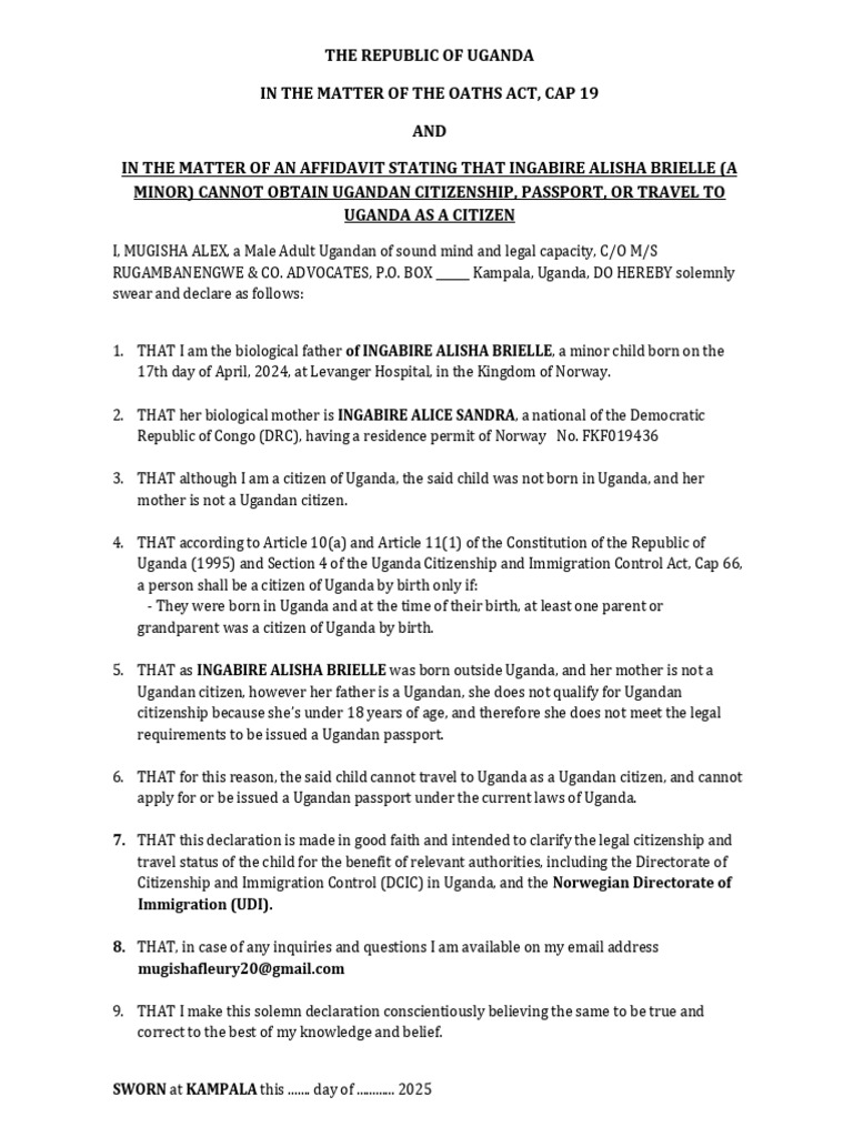 Affidavit Child Not Ugandan Citizen Updated | PDF | Citizenship | Uganda