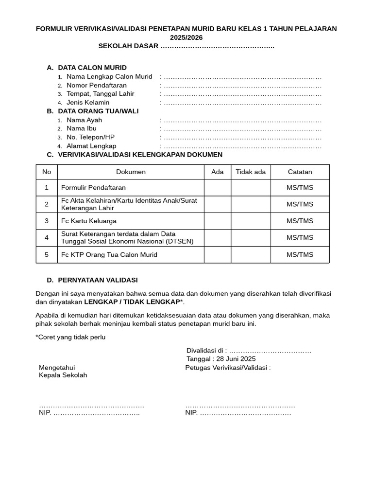 Formulir Verivikasi Dan Validasi Dok SPMB - 2025 | PDF