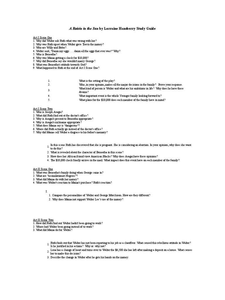 A Raisin in the Sun Study Guide Insights | PDF | Entertainment (General)