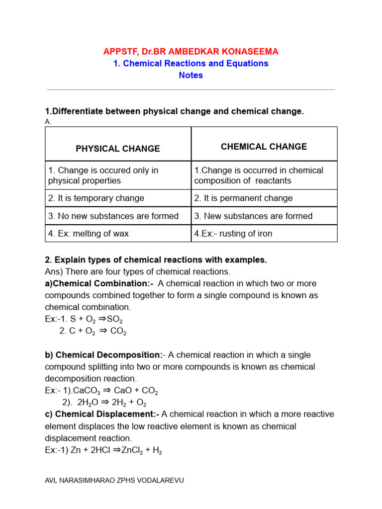10PS Chemical Reactions Notes. | PDF | Chemical Reactions | Redox