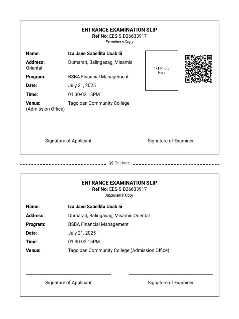 Entrance Examination Slip | PDF