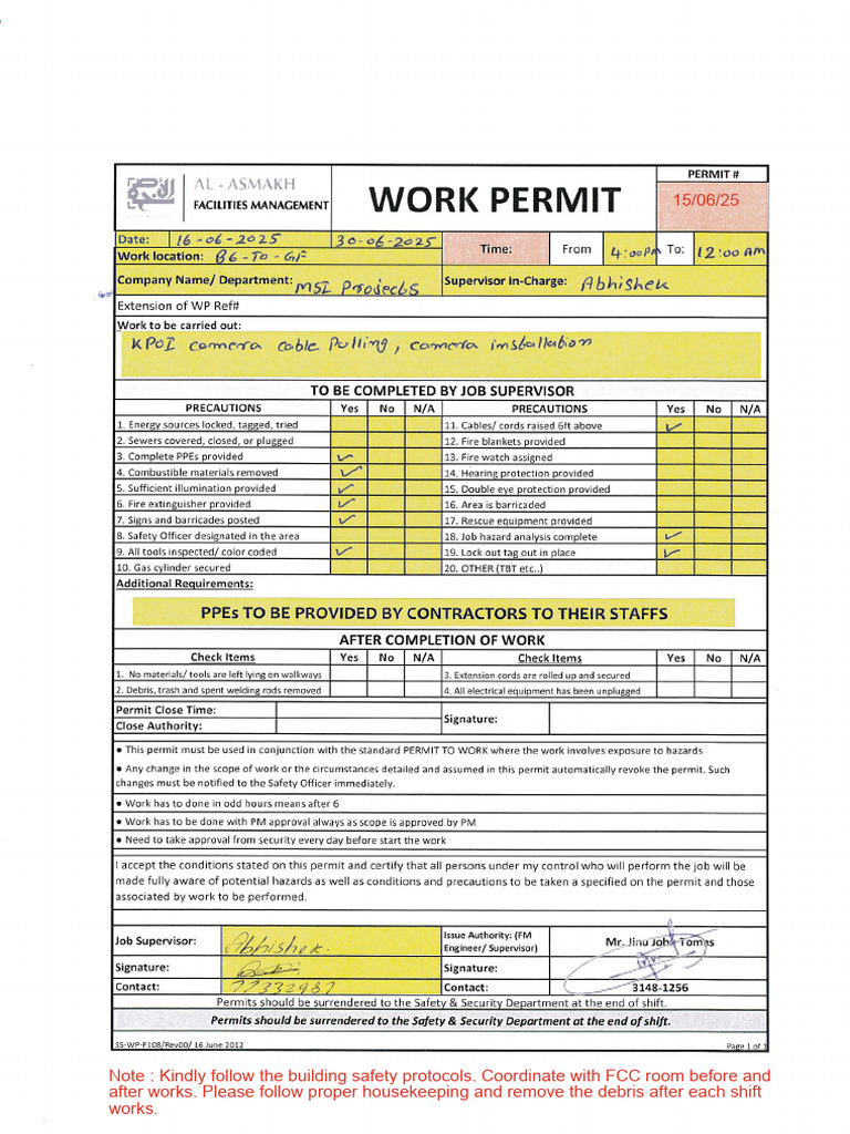 Work Permit KPOI Camera Installation - Signed - 15-06 | PDF