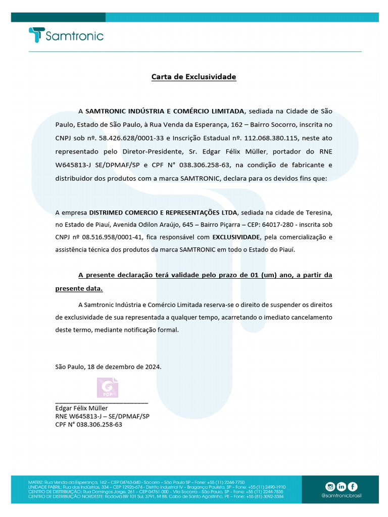 Carta de Exclusividade Distrimed 2024 | PDF