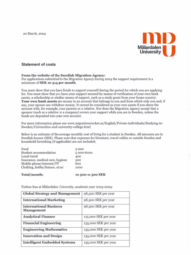 Statement of Costs 2024 | PDF