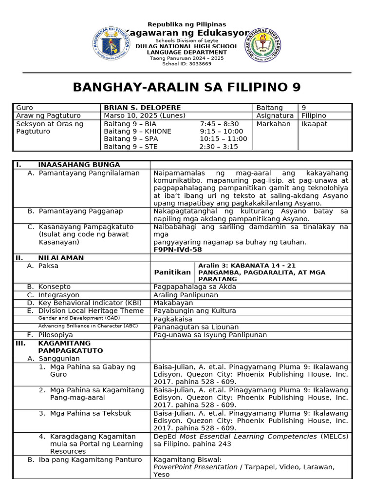 Banghay-Aralin Sa Filipino 9 (Kabanata 14 - 21) | PDF