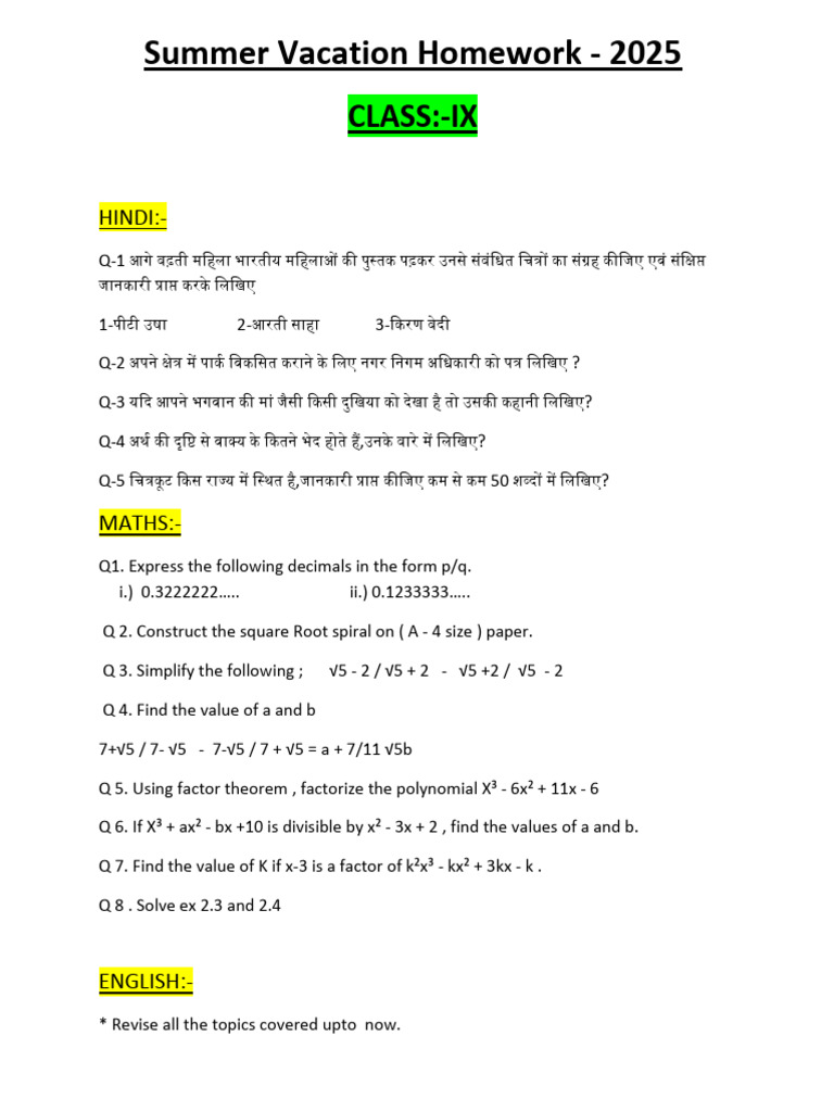 Class - IX - Summer Vacation Homework 2025. | PDF | Liquids | Gases
