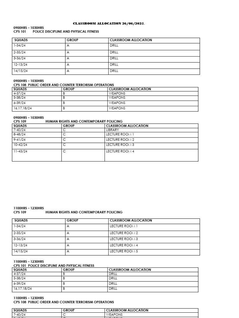 26 June Class Allocation | PDF | Classroom | Life Skills