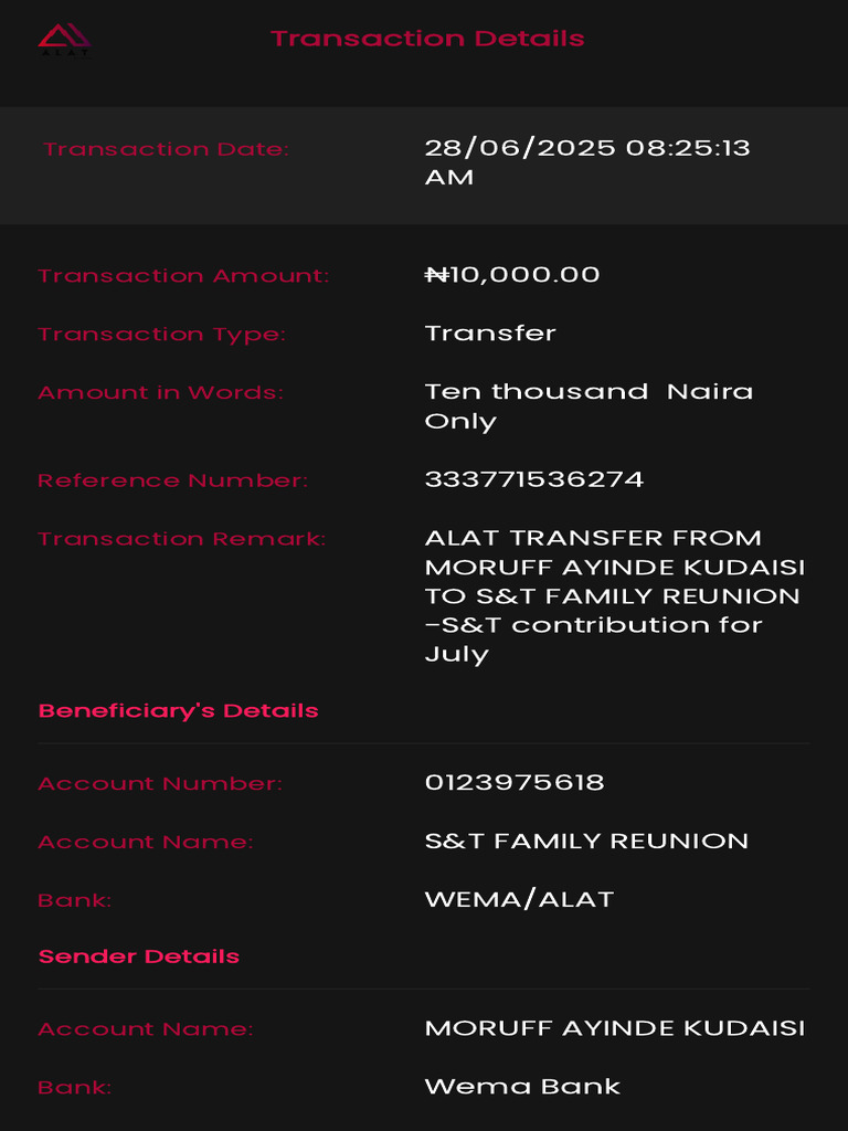 ALAT Transfer Receipt - S&T FAMILY REUNION - 0123975618 - 10,000.00 ...