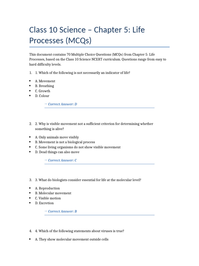 Life Processes Class10 MCQ | PDF | Photosynthesis | Leaf