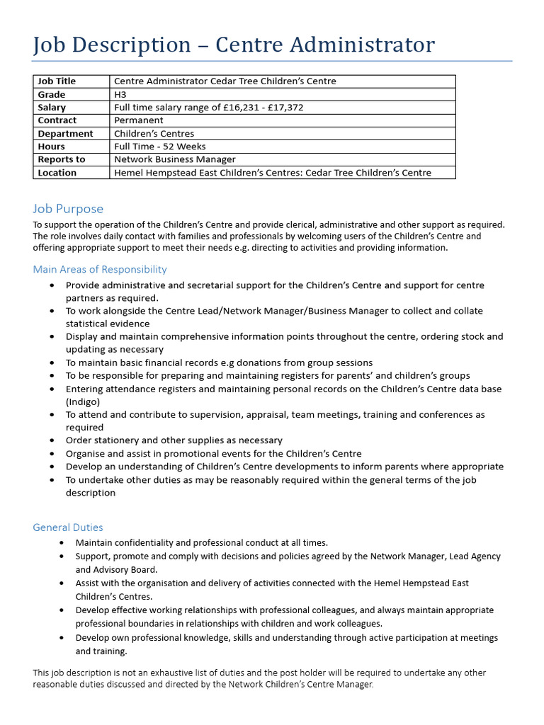 Centre Administrator Job Description | PDF