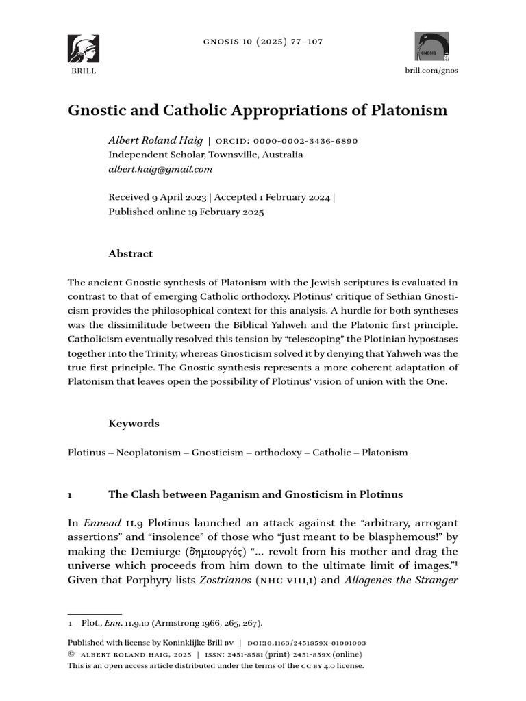 Gnostic vs Catholic Platonism Synthesis | PDF | Gnosticism | Neoplatonism