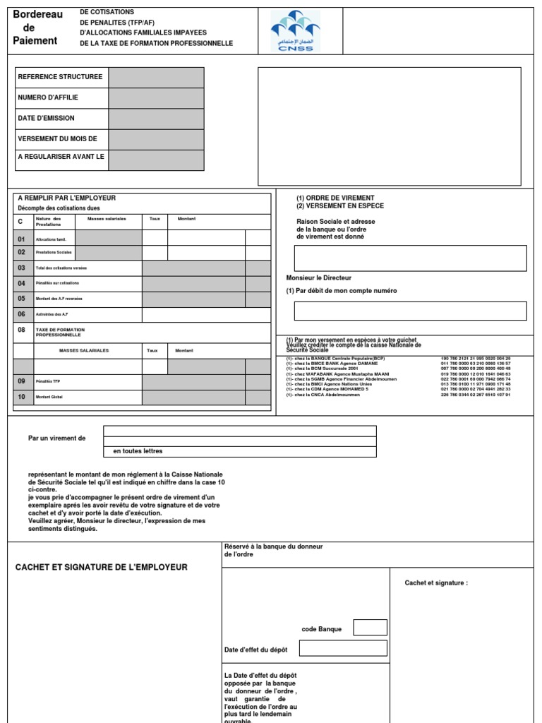 Bordereau de Paiement CNSS Et AMO | Sociétés de services financiers ...