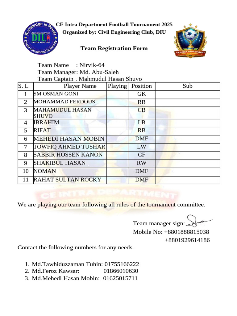 Tournament Registration Form-2025 | PDF