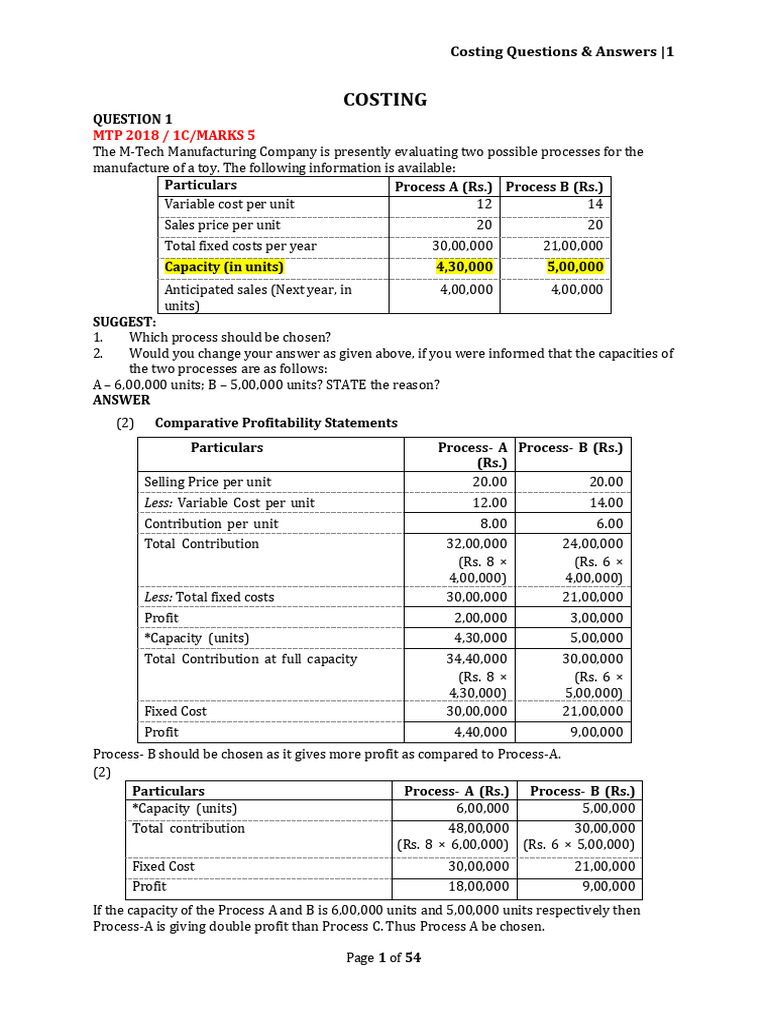 Important Questions Costing 2025 | PDF | Business Economics ...