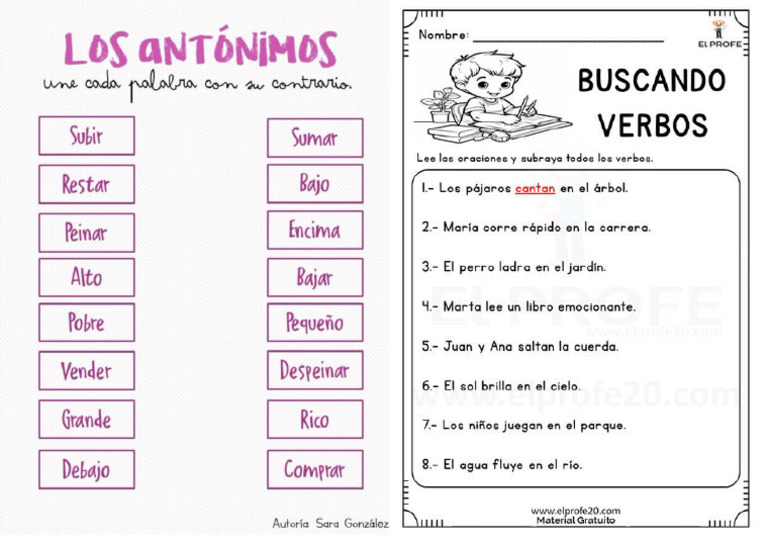 Ficha de Trabajo Antónimos y Verbos | PDF
