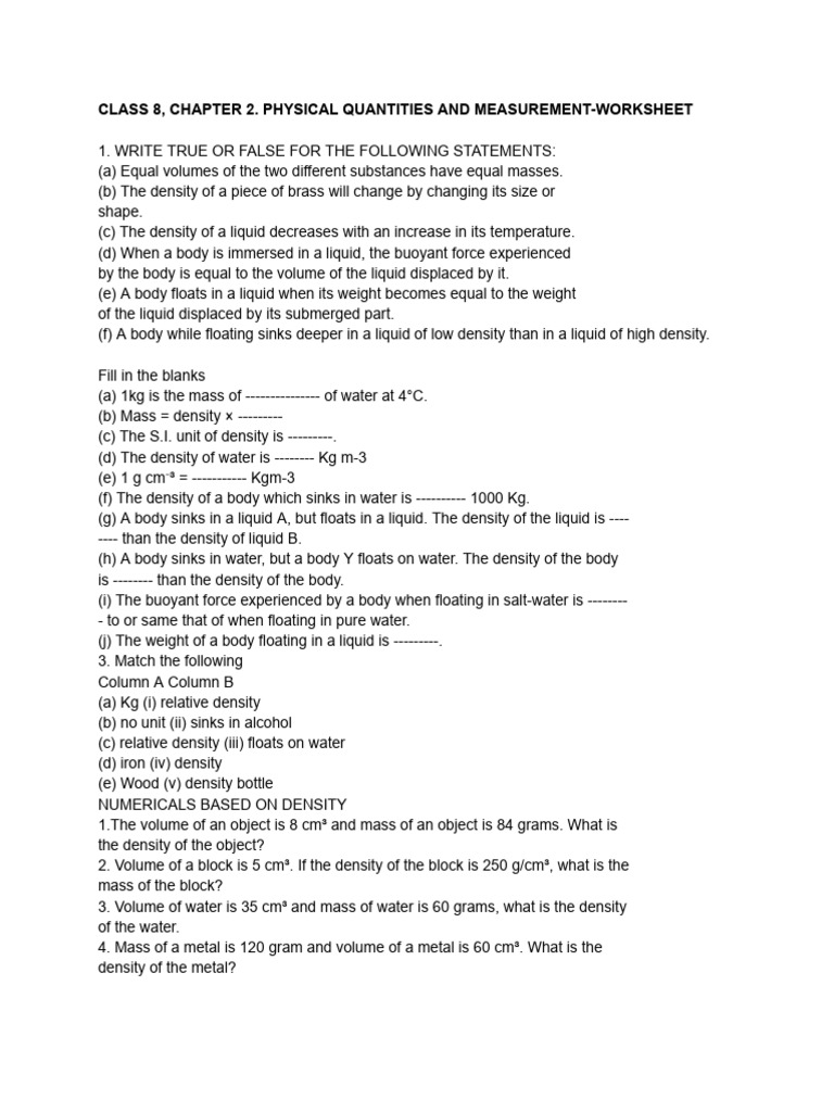 Physical Quantities and Measurement Worksheet | PDF