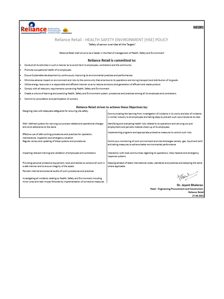 Reliance Retail EPC-HSE Policy Ver.1.00 | PDF | Safety | Employment