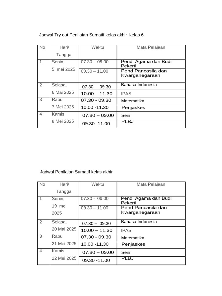 Jadwal Try Out Penilaian Sumatif Kelas Akhir Kelas 6 (1) | PDF