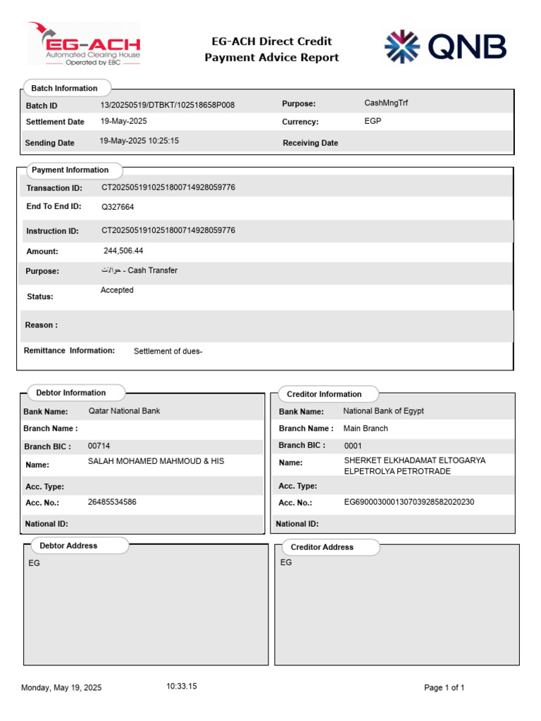 EG-ACH Direct Credit Payment Report | PDF