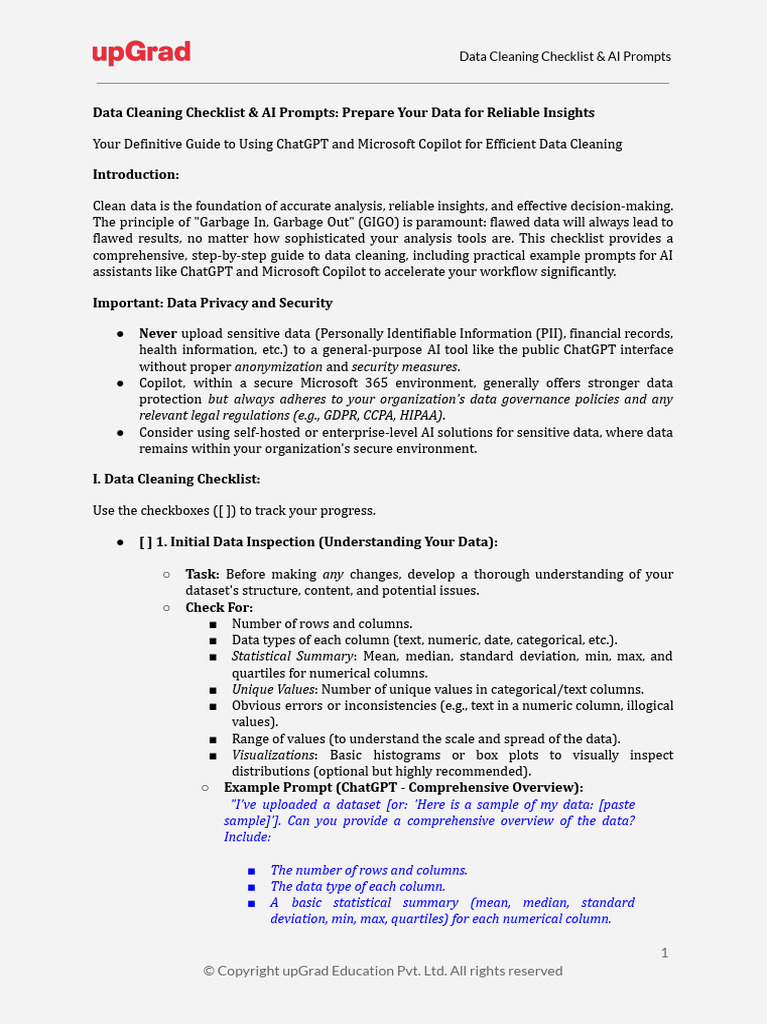 Data Cleaning Checklist & AI Tools Guide | PDF | Outlier | Data