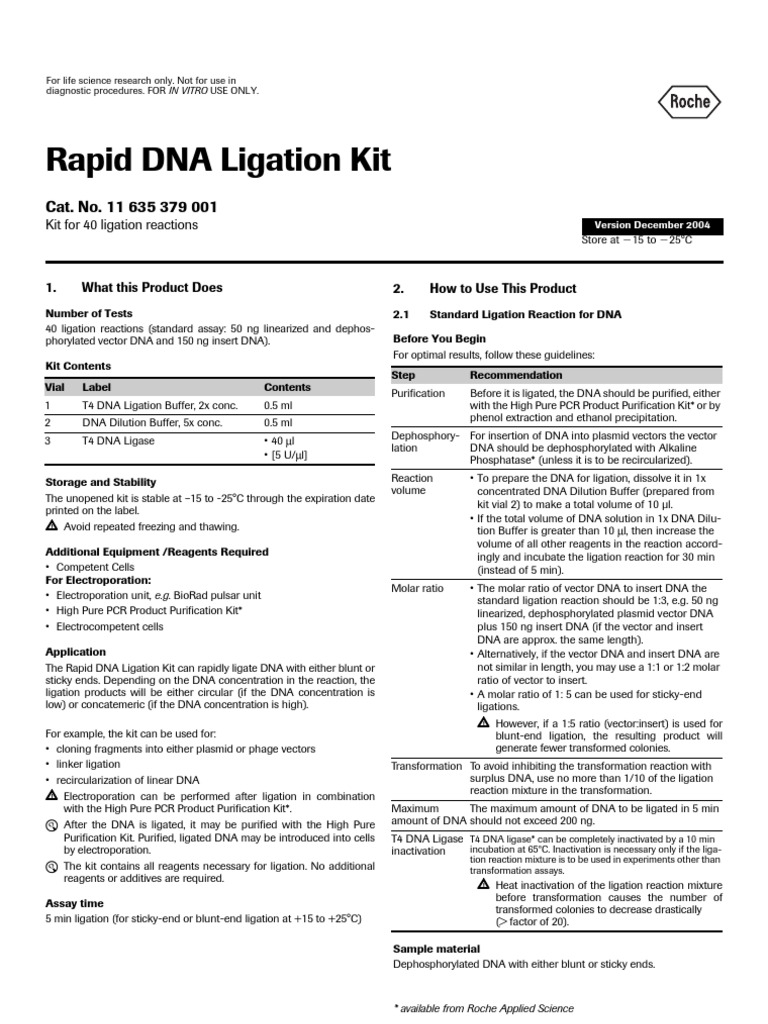 Roche Rapid Dna Ligation | PDF | Dna Ligase | Transformation (Genetics)