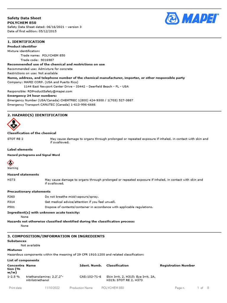 POLYCHEM 850 Safety Data Sheet | PDF | Dangerous Goods | Toxicity