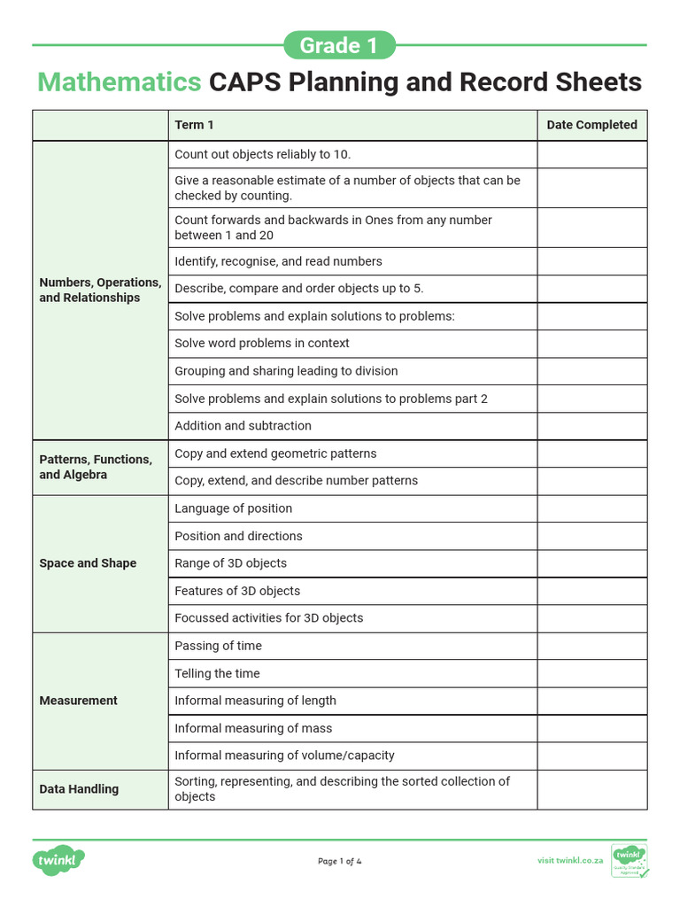 Grade 1 Mathematics Caps Planning and Record Sheets Ver 2 | PDF ...
