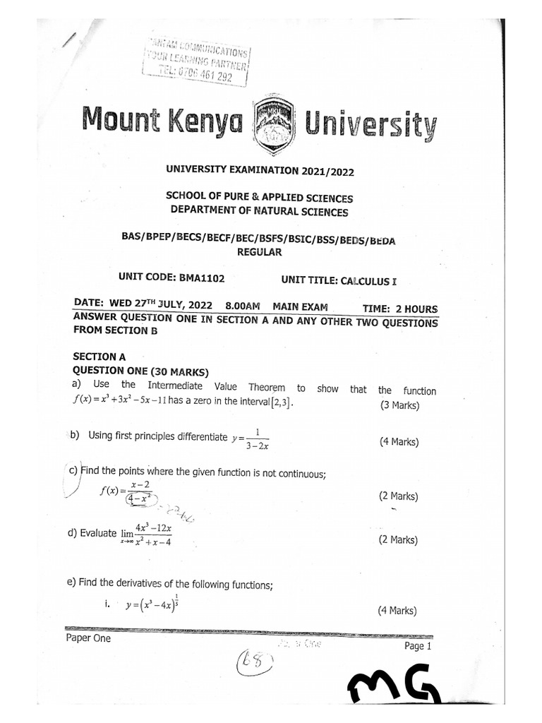 Calculus 1 Question Papers | PDF