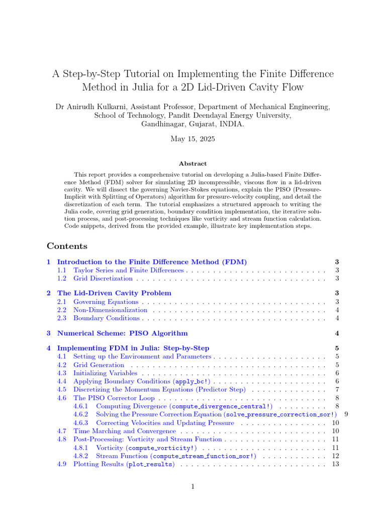 Tutorial On FDM in Julia For A 2D Lid-Driven Cavity Flow | PDF | Fluid Dynamics | Dynamics ...