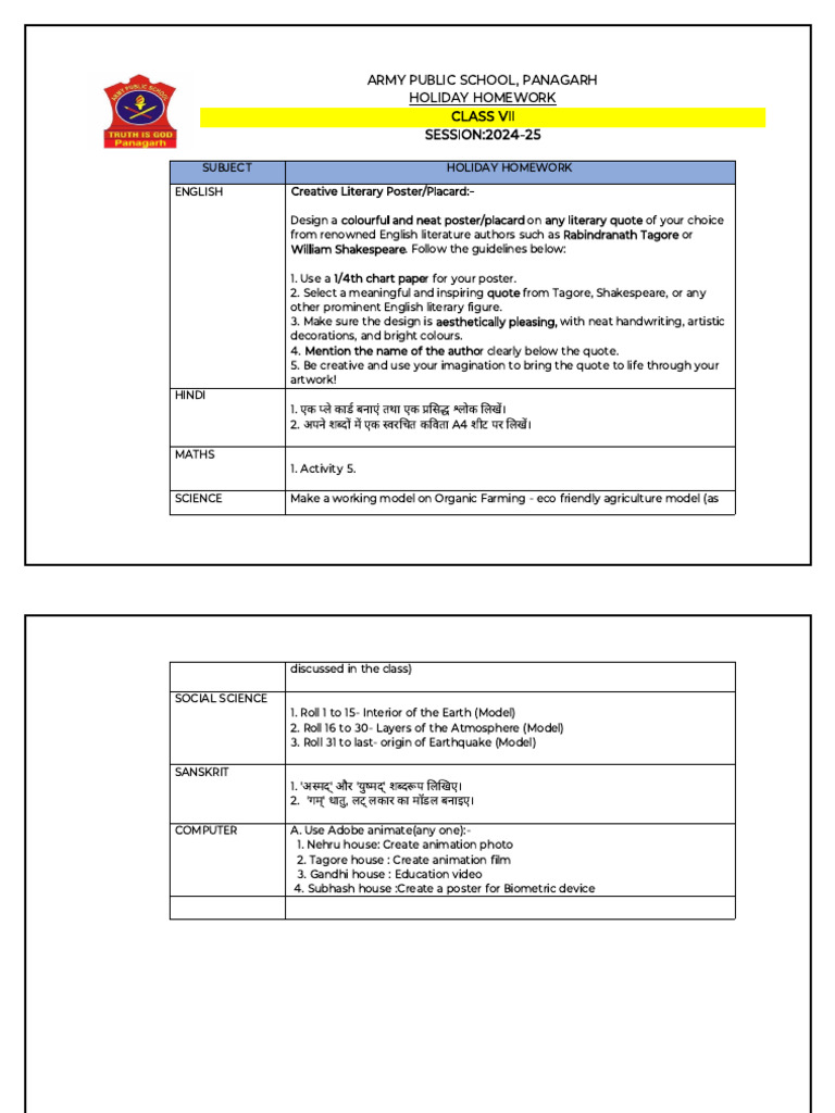 Class Vii Holiday Homework | PDF