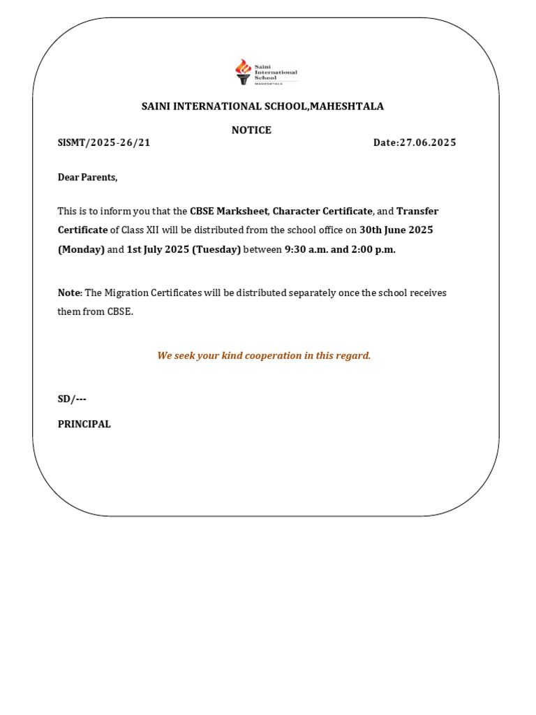 Marksheet Collection Notice Class 12 No 21 | PDF