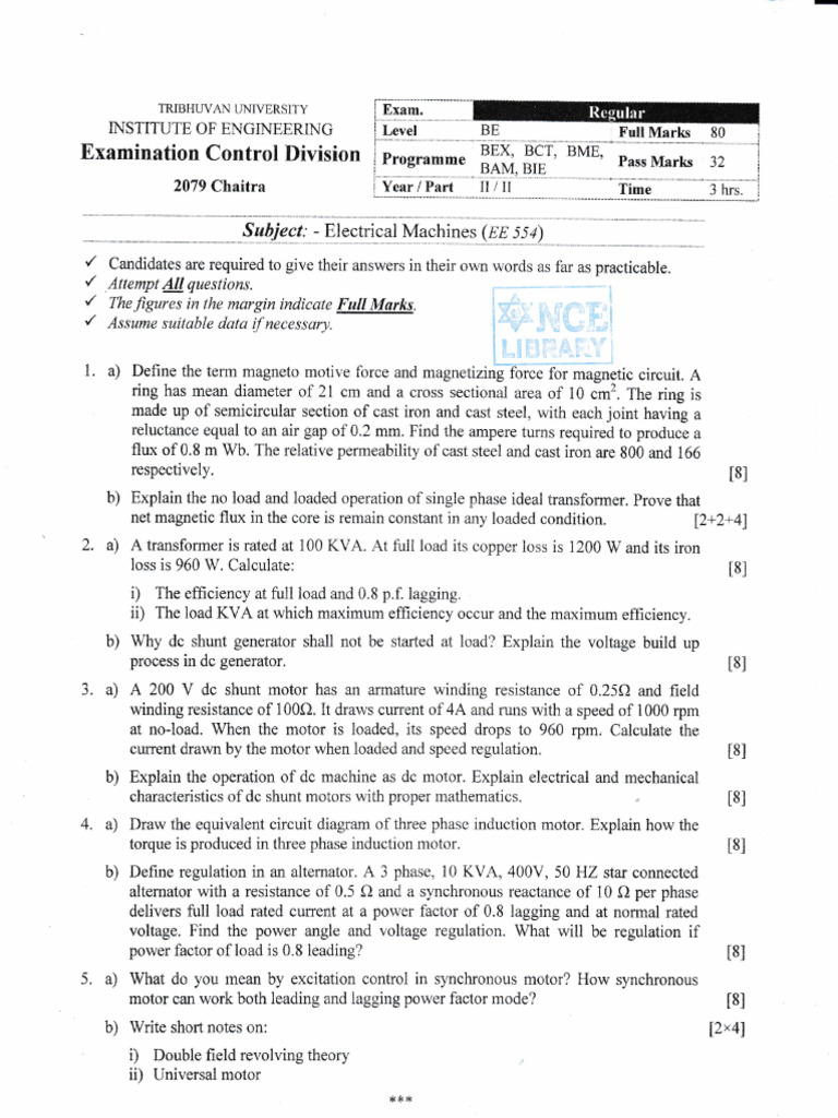 Electrical Machines Exam Guide | PDF | Electricity | Electromagnetism