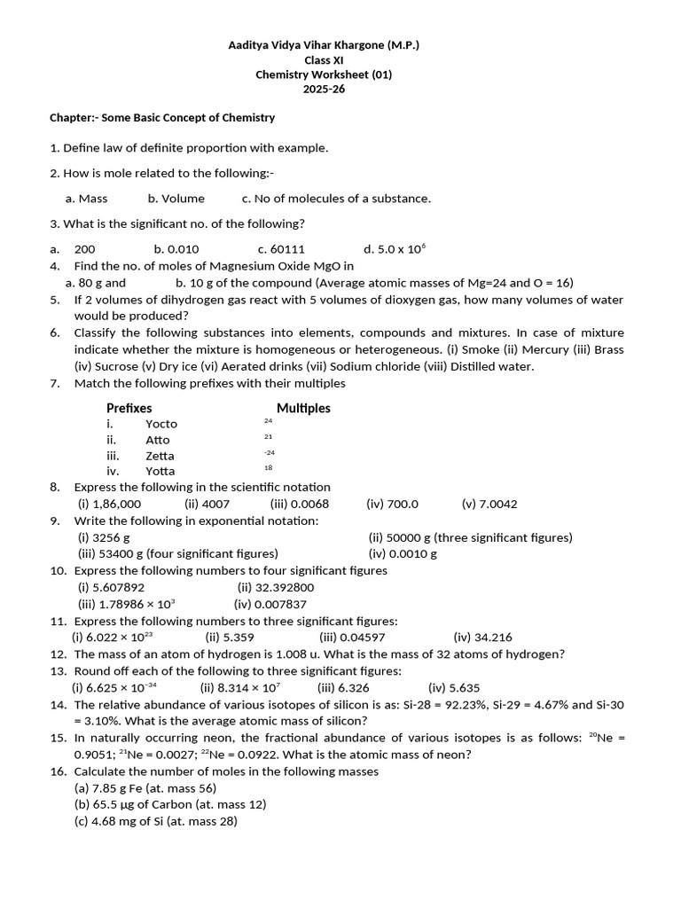 Class 11 Chemistry Some Basic Concept of Chem WS 01 | PDF | Mole (Unit ...