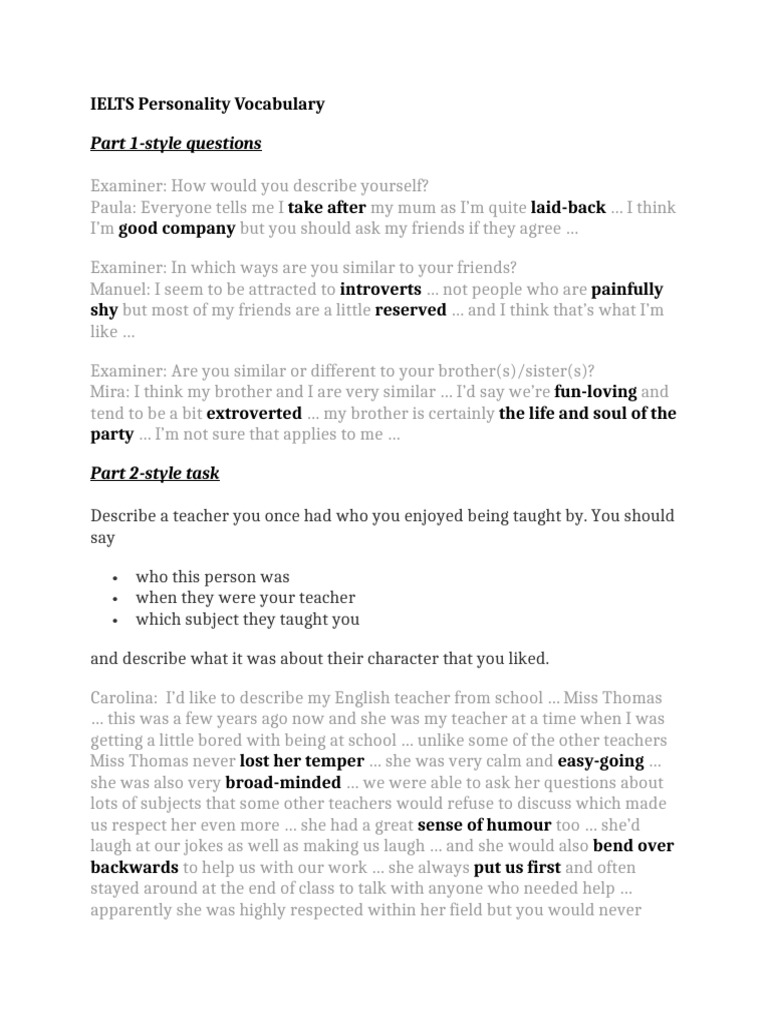 IELTS Personality Vocabulary Guide | PDF | Extraversion And ...