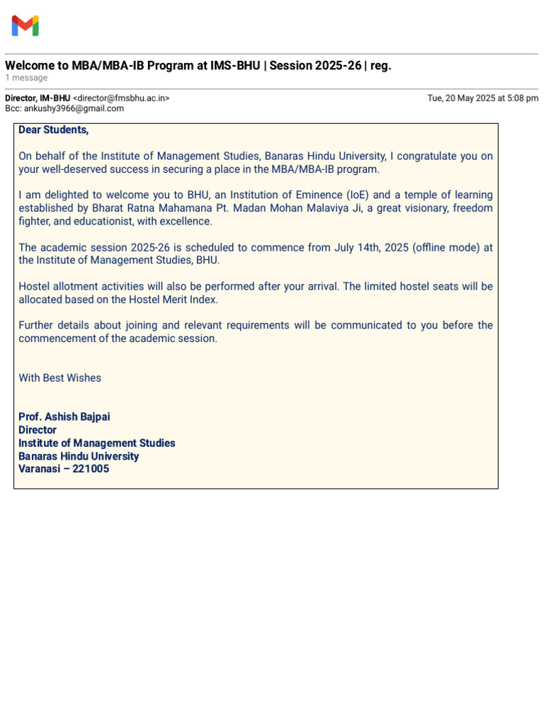 Welcome to BHU MBA Program 2025-26 | PDF