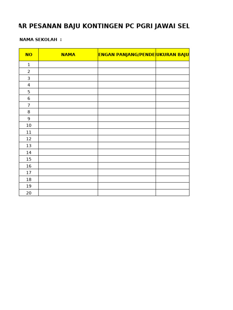 Daftar Pesanan Baju Pgri Kontingen Jawai Selatan-1 | PDF