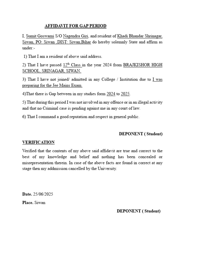 Affidavit for Study Gap Explanation | PDF