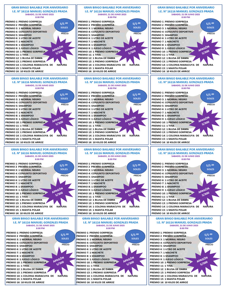 Bingo Bailable Aniversario I.E. 16116 | PDF