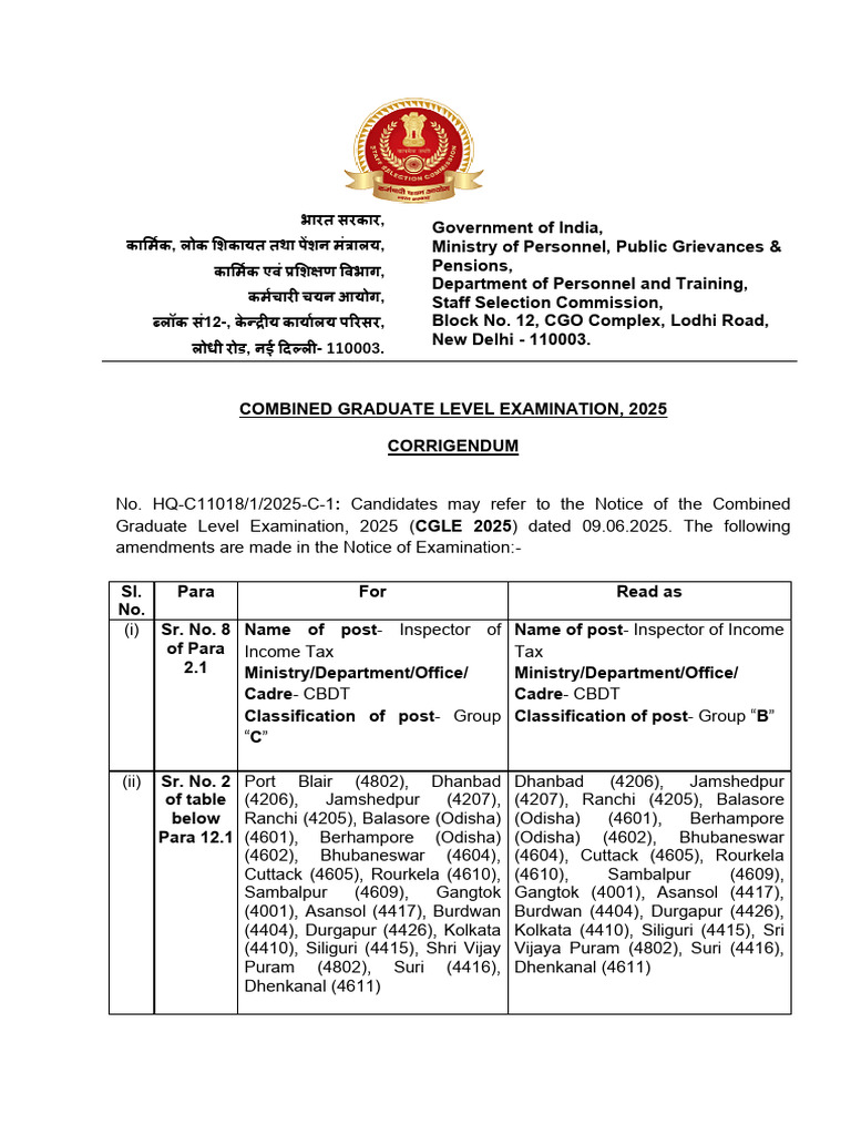 Revised Corrigendum CGLE 2025 - 26!06!2025 | PDF