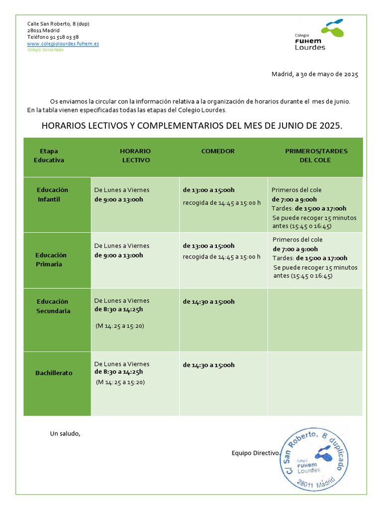 CIRCULAR HORARIOS JUNIO Madrid A 30 de Mayo de 2025 | PDF